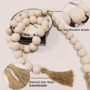 72" Long Large Wood Bead Garland with 1.6" Diameter Chunky Wooden Beads, Farmhouse Rustic Country Boho Wooden Beads Garland for Home Tiered Tray Decor, Wood Decorative Beads with Tassels