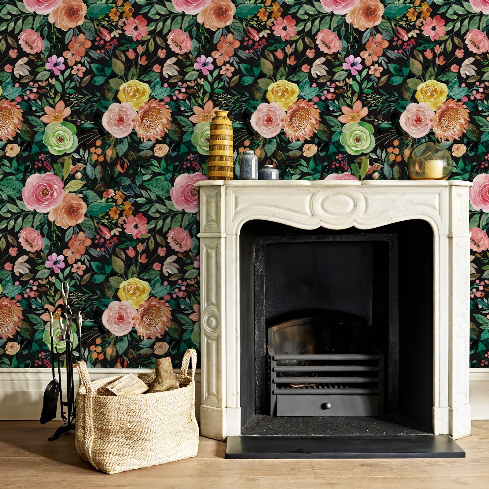 JiffDiff Peel and Stick Wallpaper Dark Floral Wallpaper Floral Wall Mural Peony Nursery Wallpaper for Bedroom(17.7" x 118.11",Black)