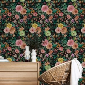 JiffDiff Peel and Stick Wallpaper Dark Floral Wallpaper Floral Wall Mural Peony Nursery Wallpaper for Bedroom(17.7" x 118.11",Black)