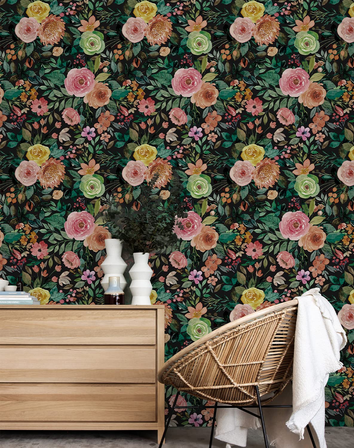 JiffDiff Peel and Stick Wallpaper Dark Floral Wallpaper Floral Wall Mural Peony Nursery Wallpaper for Bedroom(17.7" x 118.11",Black)