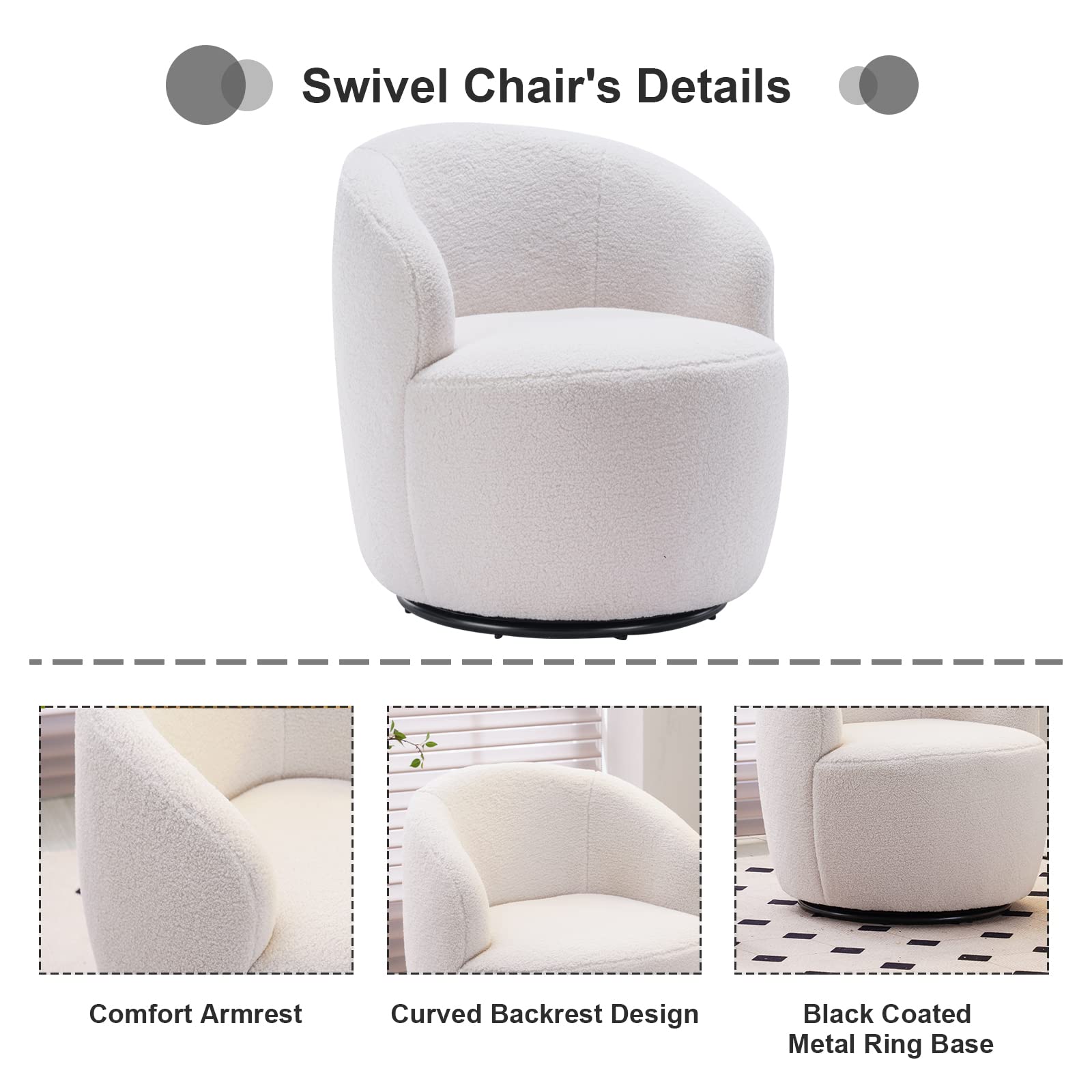 CALABASH Swivel Chairs, Barrel Chair for Living Room, Small Accent Round 360° Club Modern Teddy Upholstered Arm Chairs Bedroom, Office, Hotel(White)