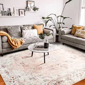 mujoo pink rug 8'x10' area rugs for living room washable large boho rug for bedroom non slip abstract soft low-pile floral flowers