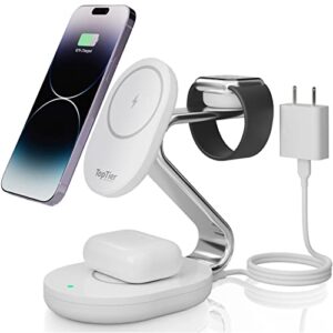 toptier 3 in 1 magsafe wireless charging station, 20w total,15w iphone max charging, [mfi-certified] metal design, iphone apple watch airpods, (white)