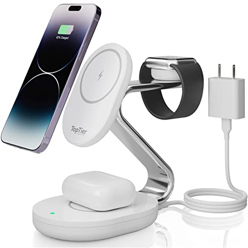 TopTier 3 in 1 Magsafe Wireless Charging Station, 20W Total,15W iPhone Max Charging, [MFI-Certified] Metal Design, iPhone Apple Watch Airpods, (White)