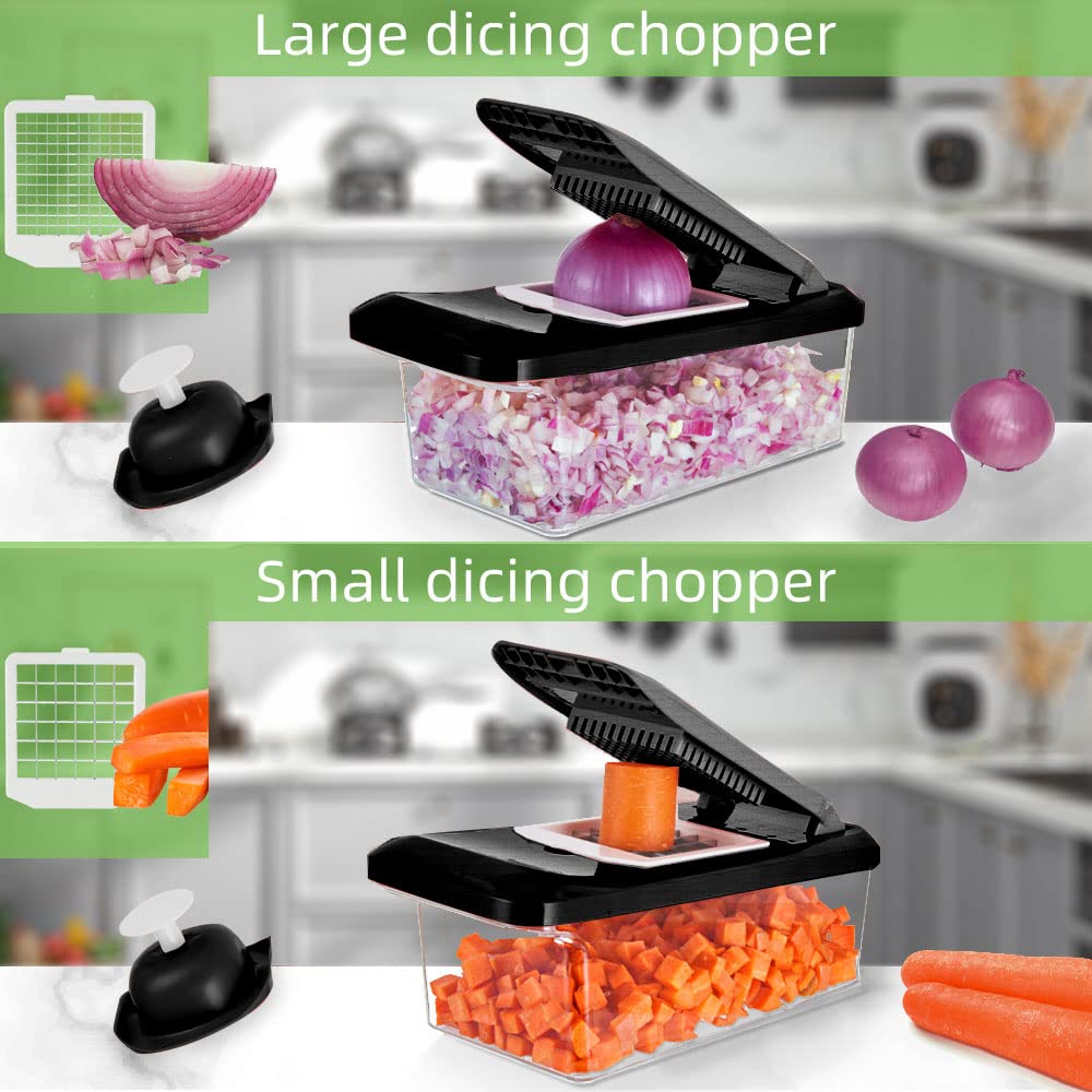 VEKAYA Vegetable Chopper, Professional Food Chopper with Container, Multifunctional Veggie Slicer, Cutter Detachable Blades, Onion Dicer for Kitchen (Black)