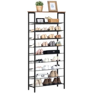 HOOBRO 10-Tier Shoe Rack Organizer, Large Capacity Metal Shoe Shelf, Sturdy Shoe Storage with Top Shelf, for 27-36 Pairs of Shoes, Space Saver, Industrial, Rustic Brown and Black BF110XJ01