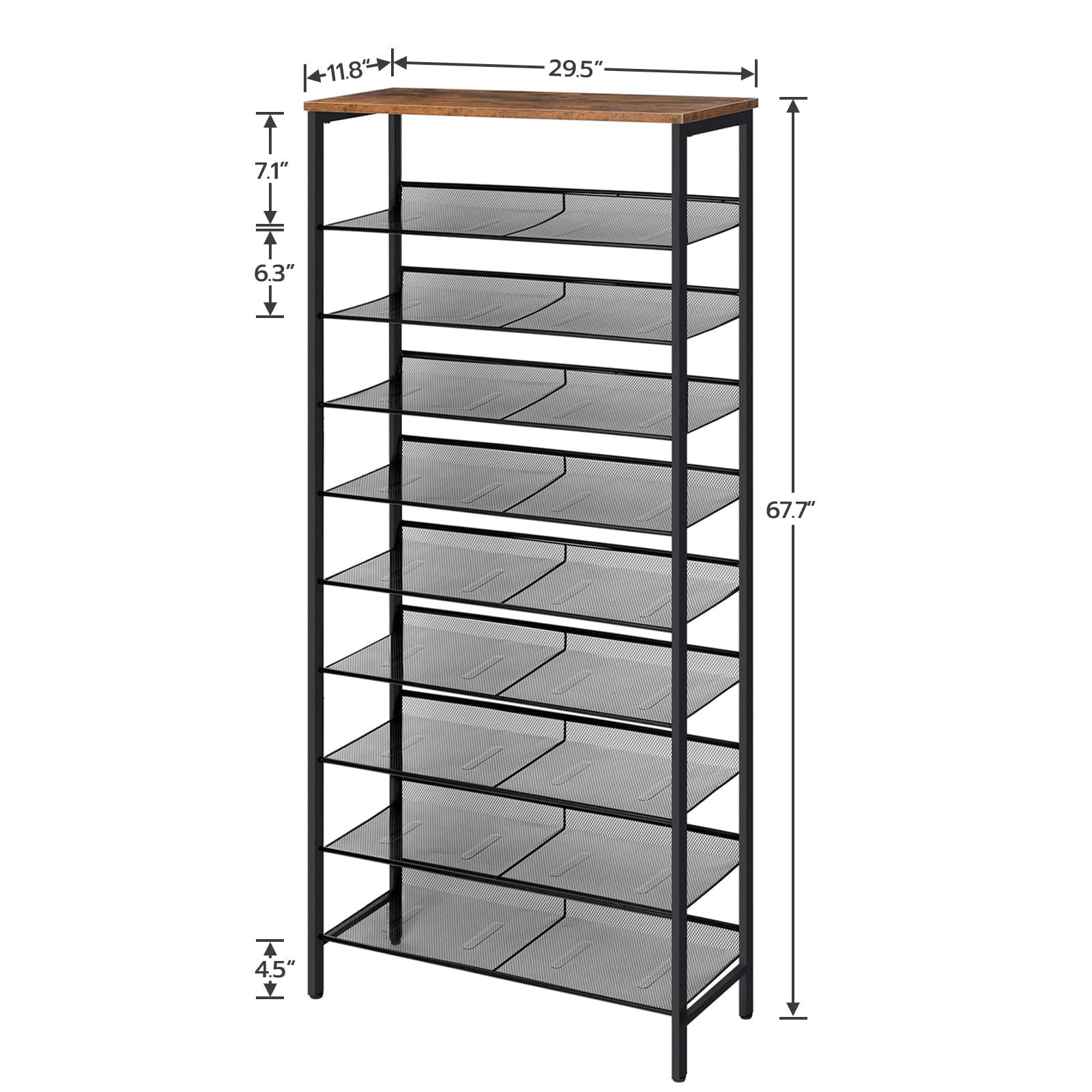 HOOBRO 10-Tier Shoe Rack Organizer, Large Capacity Metal Shoe Shelf, Sturdy Shoe Storage with Top Shelf, for 27-36 Pairs of Shoes, Space Saver, Industrial, Rustic Brown and Black BF110XJ01