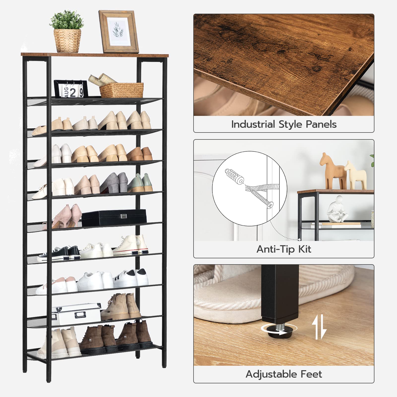 HOOBRO 10-Tier Shoe Rack Organizer, Large Capacity Metal Shoe Shelf, Sturdy Shoe Storage with Top Shelf, for 27-36 Pairs of Shoes, Space Saver, Industrial, Rustic Brown and Black BF110XJ01