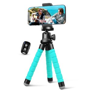 aureday phone tripod, flexible tripod for iphone and android cell phone, portable small tripod with wireless remote and clip for video recording/vlogging/selfie (blue)