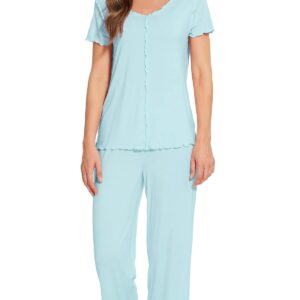 WiWi Womens Viscose from Bamboo Pajamas Set Short Sleeve Pjs Pajama Sleepwear Soft Pants Sets S-XXL, Aqua, Medium