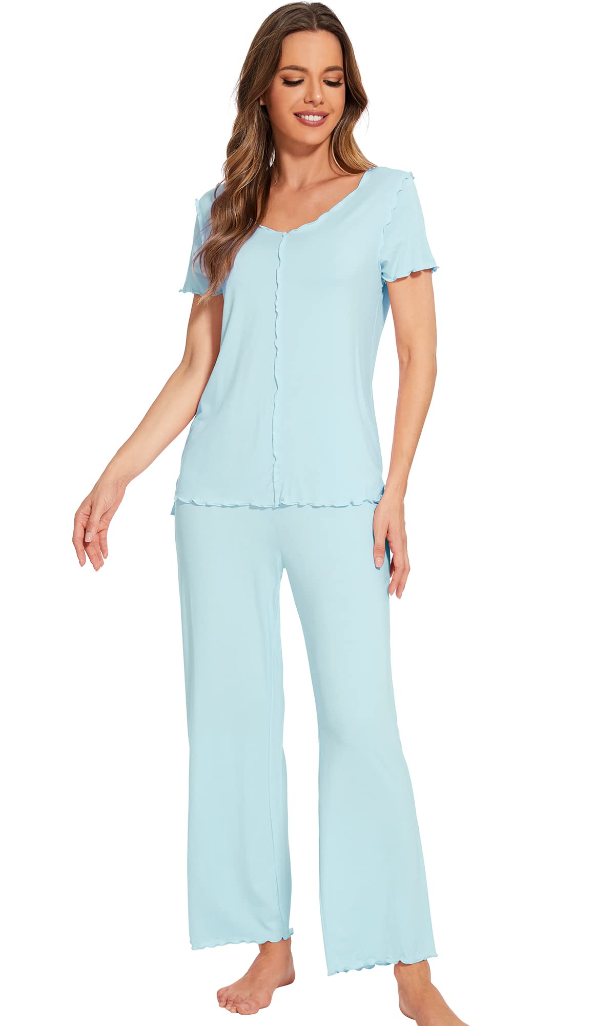 WiWi Womens Viscose from Bamboo Pajamas Set Short Sleeve Pjs Pajama Sleepwear Soft Pants Sets S-XXL, Aqua, Medium