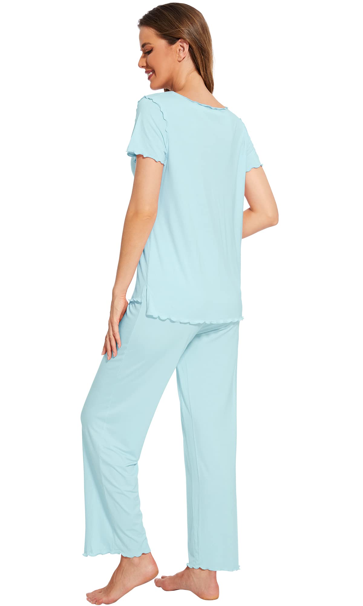 WiWi Womens Viscose from Bamboo Pajamas Set Short Sleeve Pjs Pajama Sleepwear Soft Pants Sets S-XXL, Aqua, Medium