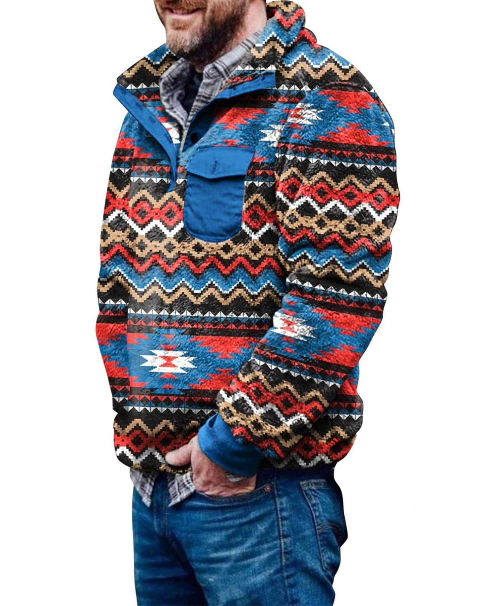 Beotyshow Mens Aztec Fleece Jackets Fuzzy Sherpa Sweatshirts Button down Pullover Coats Western Vintage Sweaters with Pocket