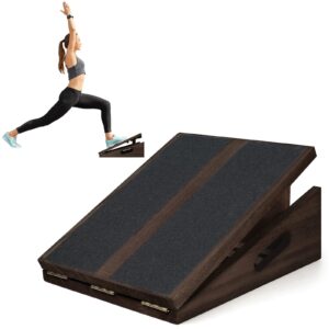 professional slant board calf stretcher: adjustable incline stretch squat wedge, posture board wooden physical therapy equipment, non slip achilles stretcher with extra side handle - walnut color