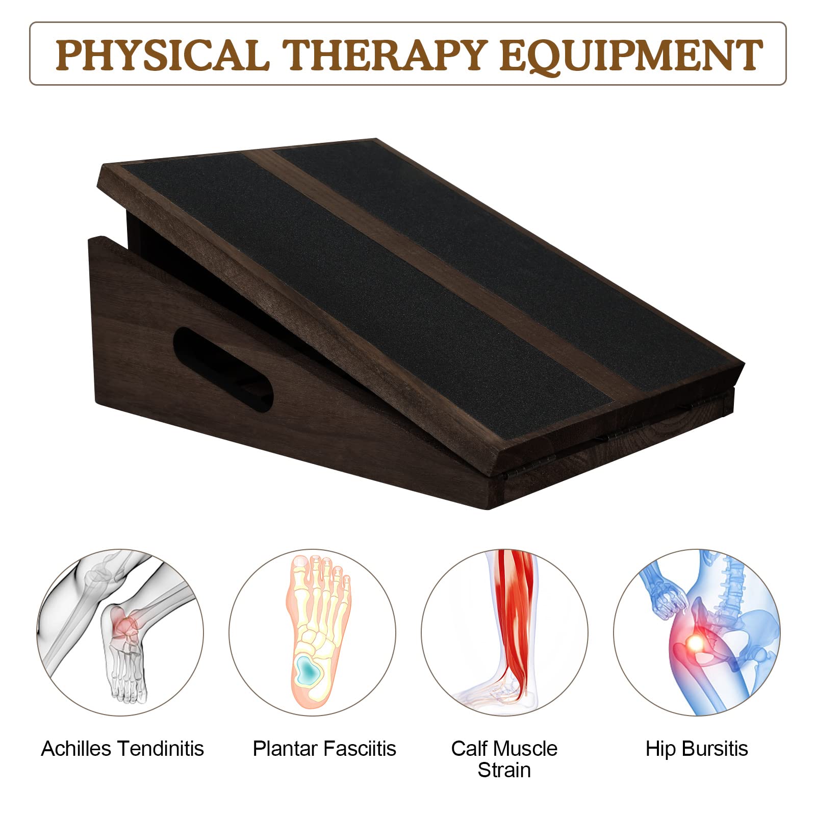 Professional Slant Board Calf Stretcher: Adjustable Incline Stretch Squat Wedge, Posture Board Wooden Physical Therapy Equipment, Non Slip Achilles Stretcher with Extra Side Handle - Walnut Color