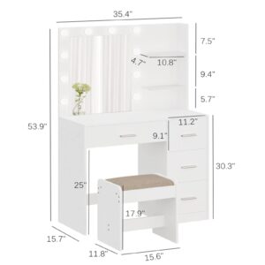 Rovaurx Makeup Vanity Table Set with Lighted Mirror, Makeup Vanity with Storage Shelf and 4 Drawers, Bedroom Dressing Table, Cushioned Stool & 10 LED Lights, White RSZT104WD