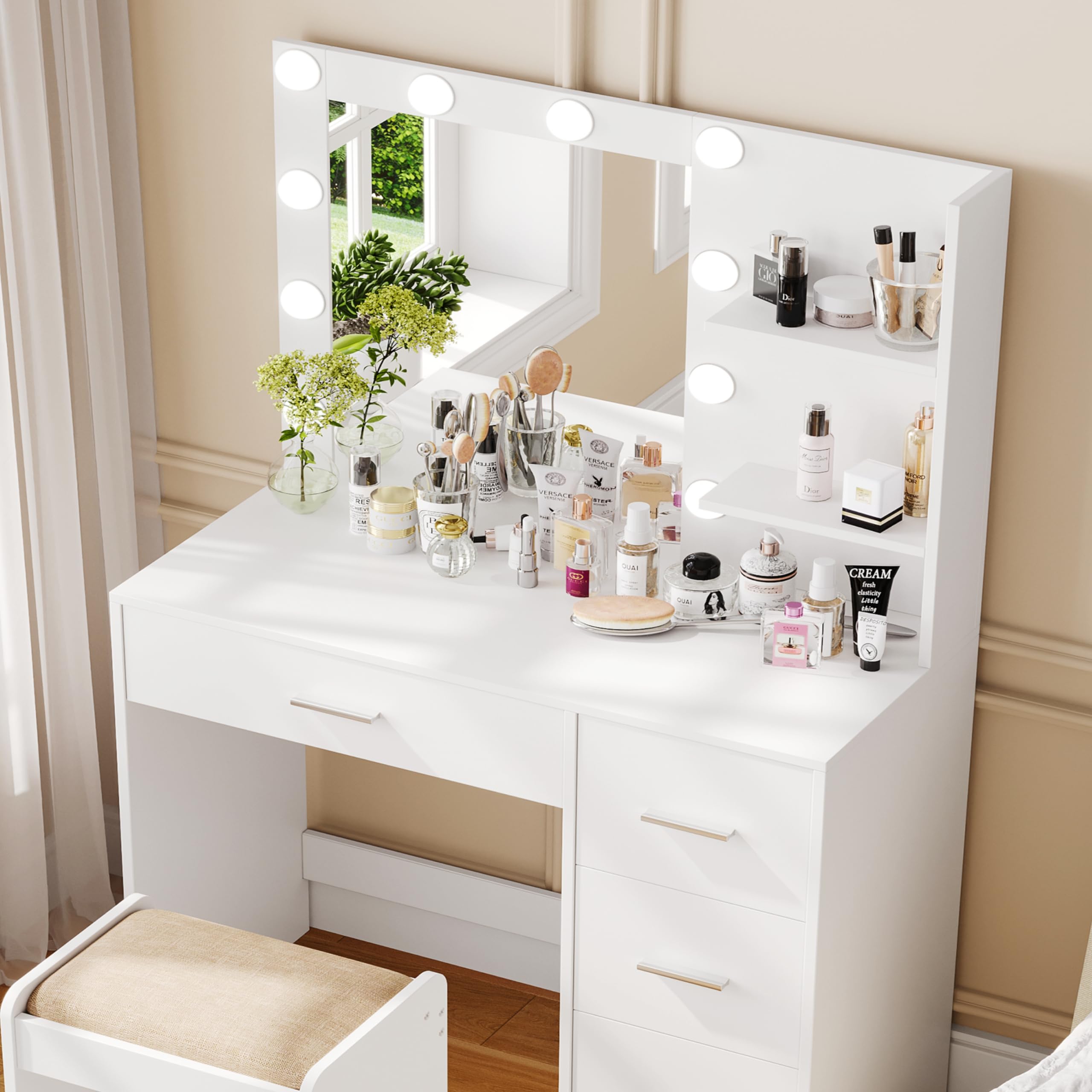 Rovaurx Makeup Vanity Table Set with Lighted Mirror, Makeup Vanity with Storage Shelf and 4 Drawers, Bedroom Dressing Table, Cushioned Stool & 10 LED Lights, White RSZT104WD