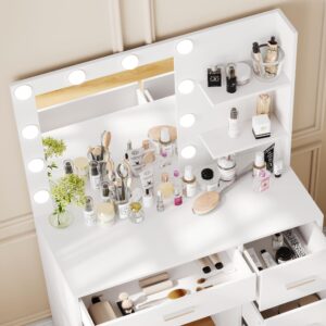 Rovaurx Makeup Vanity Table Set with Lighted Mirror, Makeup Vanity with Storage Shelf and 4 Drawers, Bedroom Dressing Table, Cushioned Stool & 10 LED Lights, White RSZT104WD