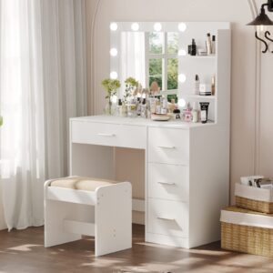 Rovaurx Makeup Vanity Table Set with Lighted Mirror, Makeup Vanity with Storage Shelf and 4 Drawers, Bedroom Dressing Table, Cushioned Stool & 10 LED Lights, White RSZT104WD