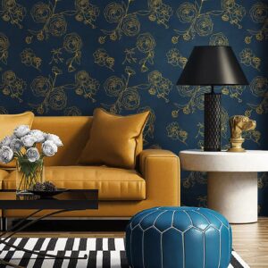 118"x17.3" Peel and Stick Wallpaper Gold and Blue Contact Paper Dark Blue Wallpaper Removable Wallpaper Floral Contact Paper for Walls Covering Vinyl Rolls