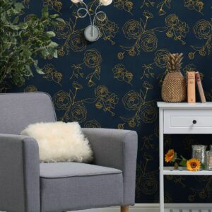 118"x17.3" Peel and Stick Wallpaper Gold and Blue Contact Paper Dark Blue Wallpaper Removable Wallpaper Floral Contact Paper for Walls Covering Vinyl Rolls