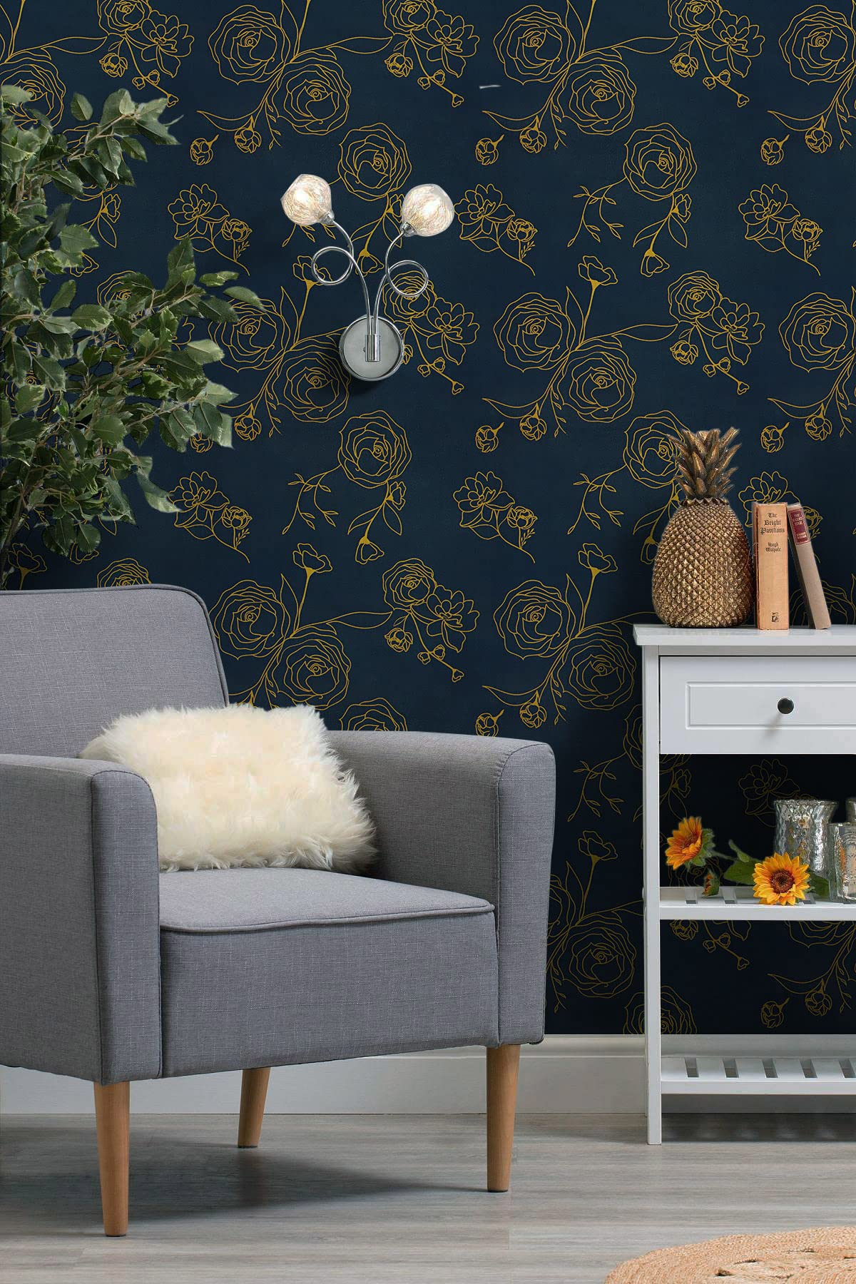 118"x17.3" Peel and Stick Wallpaper Gold and Blue Contact Paper Dark Blue Wallpaper Removable Wallpaper Floral Contact Paper for Walls Covering Vinyl Rolls