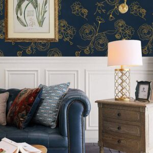 118"x17.3" Peel and Stick Wallpaper Gold and Blue Contact Paper Dark Blue Wallpaper Removable Wallpaper Floral Contact Paper for Walls Covering Vinyl Rolls