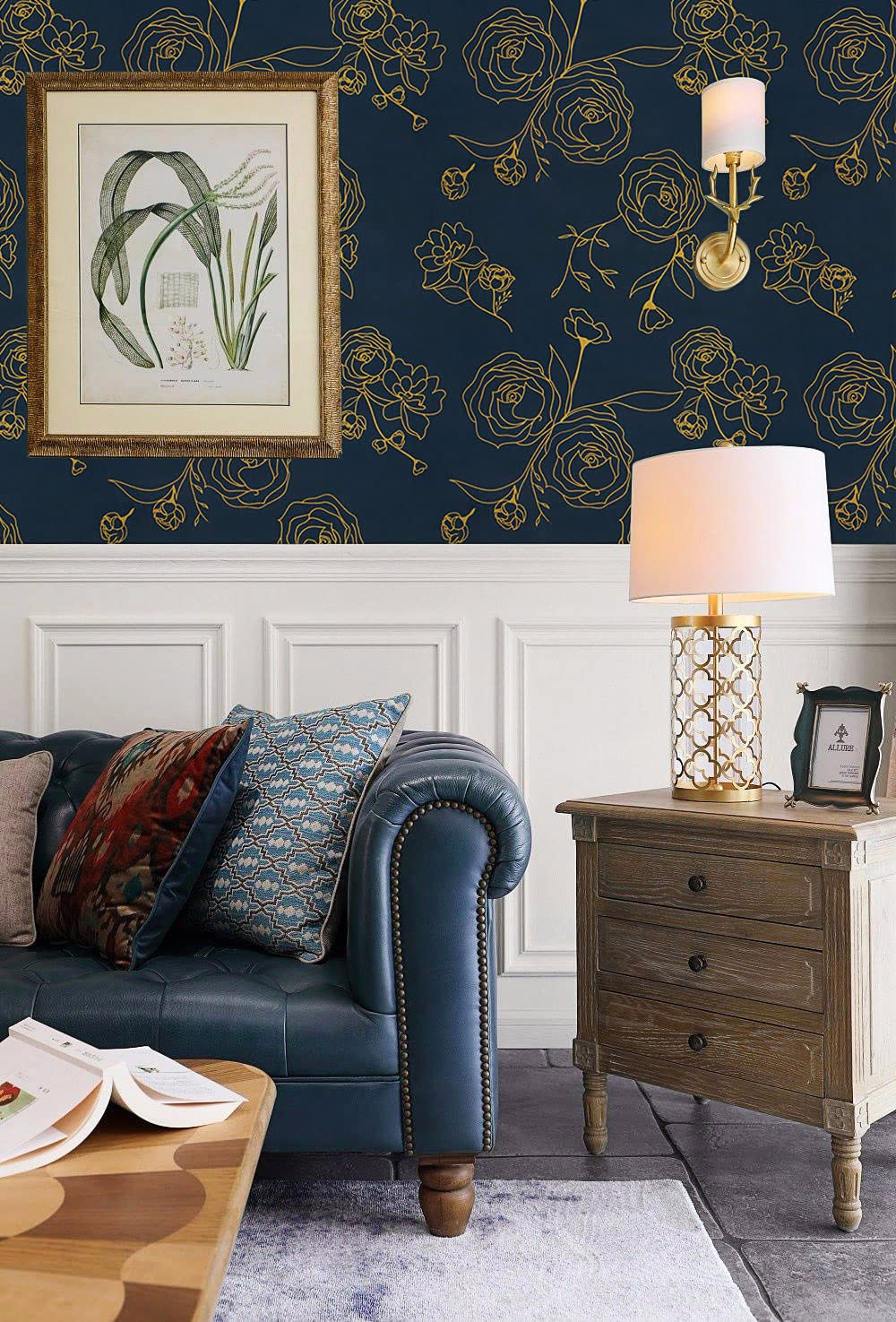 118"x17.3" Peel and Stick Wallpaper Gold and Blue Contact Paper Dark Blue Wallpaper Removable Wallpaper Floral Contact Paper for Walls Covering Vinyl Rolls