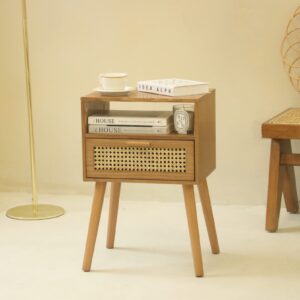 MaxSmeo Mid Century Modern Nightstand with Drawer, Small Nightstand Bedside Table, Brown Rattan Nightstand, Wood End Table for Bedroom, Living Room (Brown)