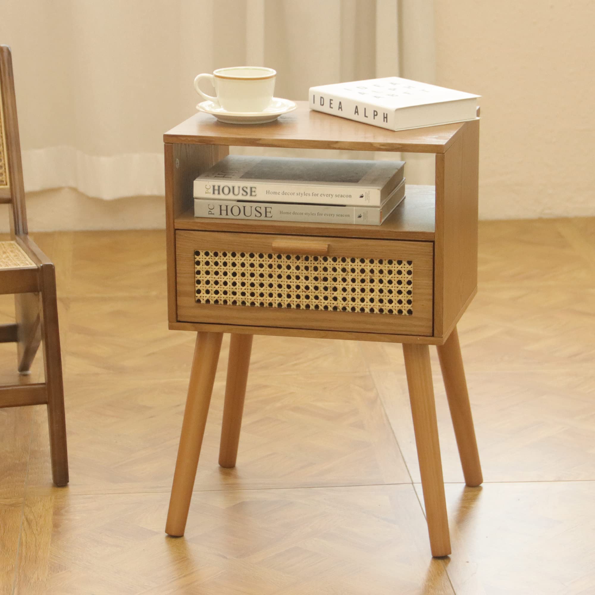 MaxSmeo Mid Century Modern Nightstand with Drawer, Small Nightstand Bedside Table, Brown Rattan Nightstand, Wood End Table for Bedroom, Living Room (Brown)