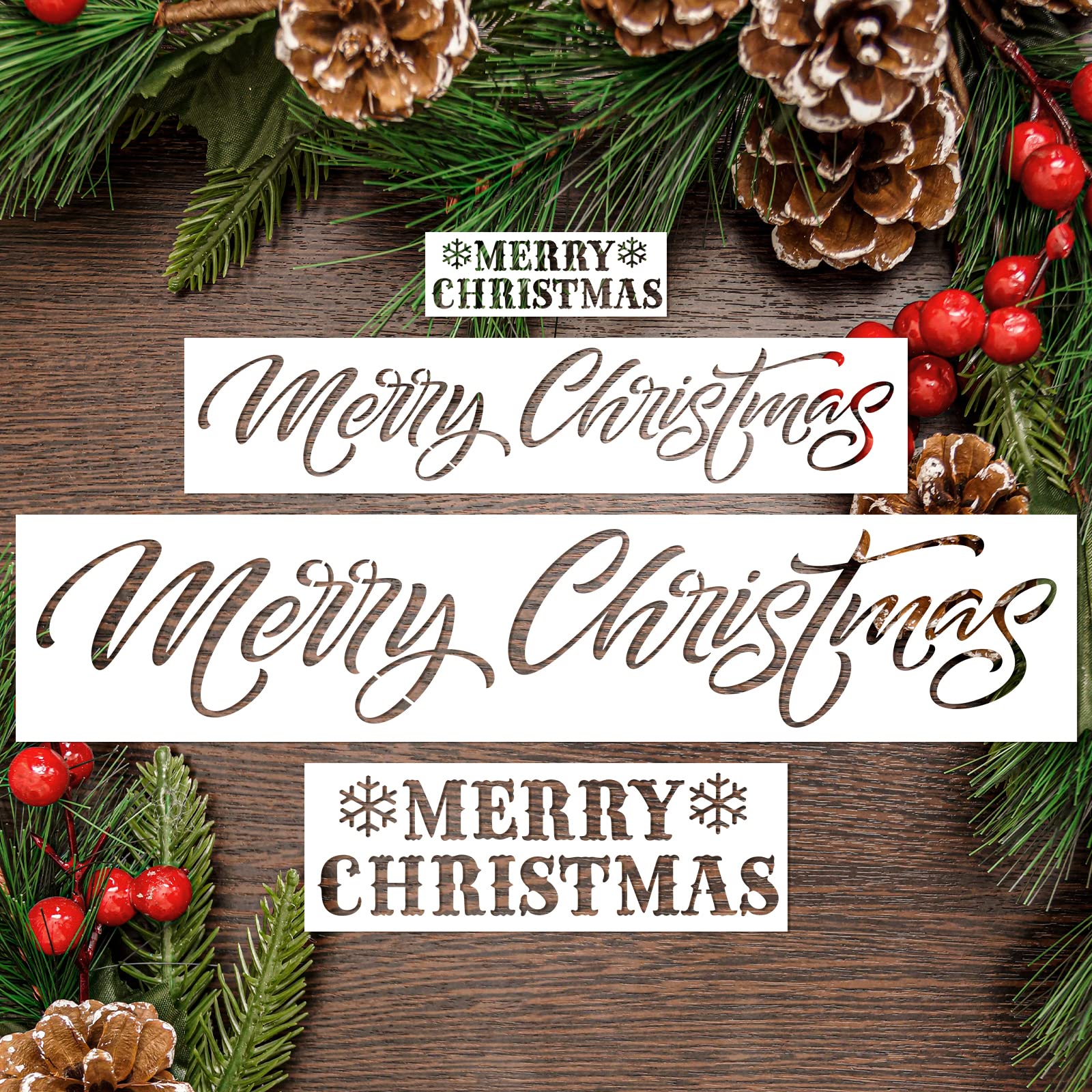 4 Pieces Merry Christmas Stencil Reusable Stencils for Painting Christmas Decoration Painting Template for Furniture, Wall, Window, Fabric, Wood，4 Different Sizes (Merry Christmas)