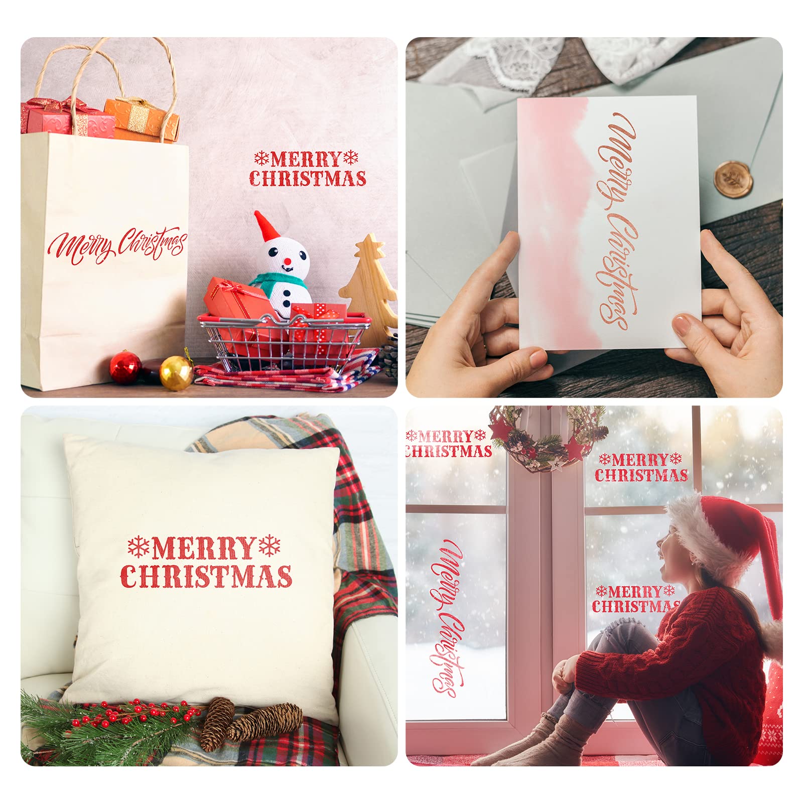 4 Pieces Merry Christmas Stencil Reusable Stencils for Painting Christmas Decoration Painting Template for Furniture, Wall, Window, Fabric, Wood，4 Different Sizes (Merry Christmas)