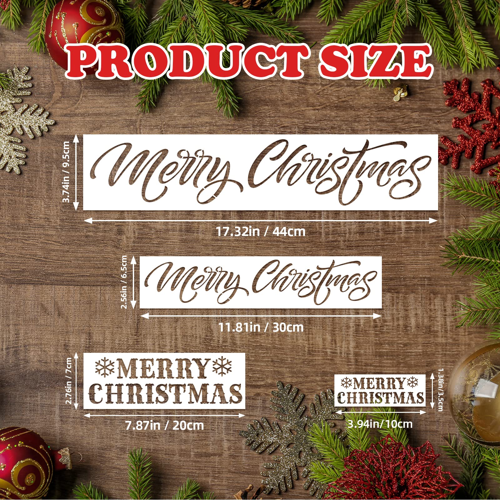 4 Pieces Merry Christmas Stencil Reusable Stencils for Painting Christmas Decoration Painting Template for Furniture, Wall, Window, Fabric, Wood，4 Different Sizes (Merry Christmas)