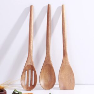 delicate wooden utensils for cooking, set of 3, wood kitchen utensils cooking tools, 12 inch acacia wooden spoons spatula set, cooking gadgets safe for nonstick cookware, easy to use