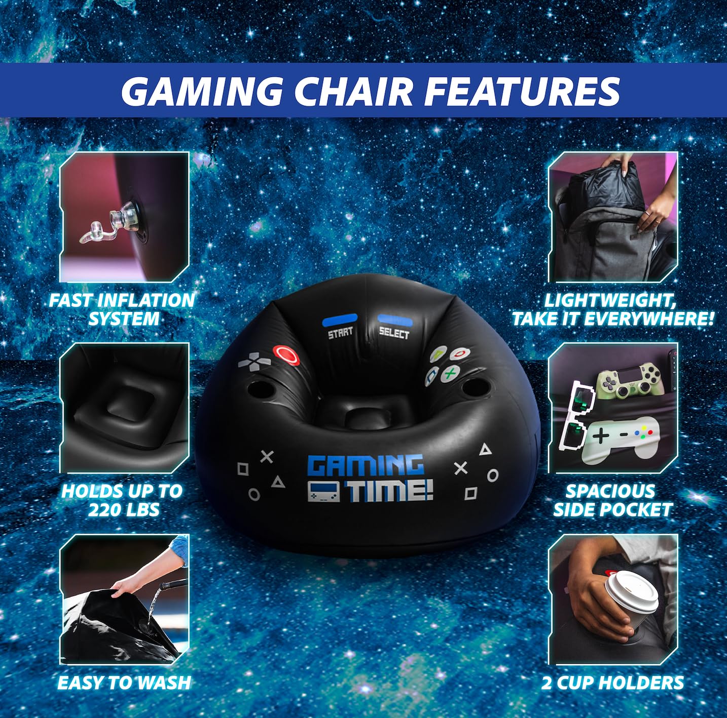 FranFusion Inflatable Gaming Chair for Kids & Teens with Cup Holders and Side Pocket - This Air Bean Bag Game Chair is The Perfect Furniture for Gamer Room Decor