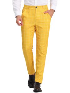 lars amadeus men's yellow dress plaid pants flat front printed business check trousers 28 yellow