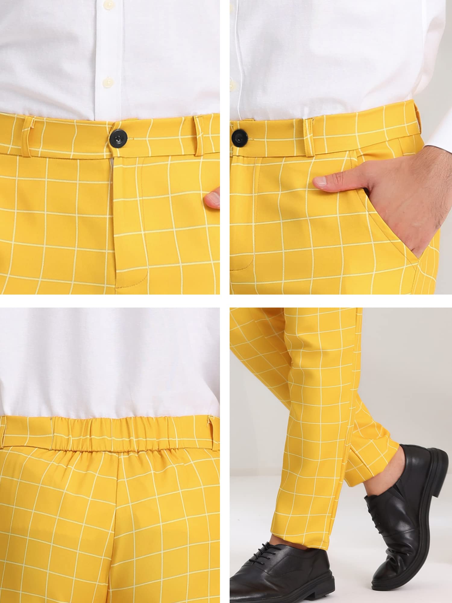 Lars Amadeus Men's Yellow Dress Plaid Pants Flat Front Printed Business Check Trousers 28 Yellow