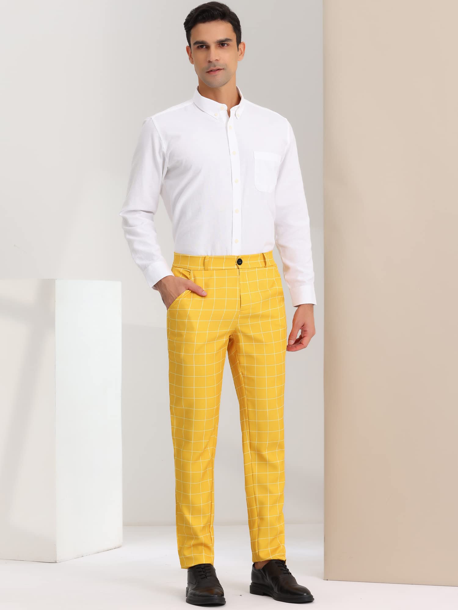 Lars Amadeus Men's Yellow Dress Plaid Pants Flat Front Printed Business Check Trousers 28 Yellow