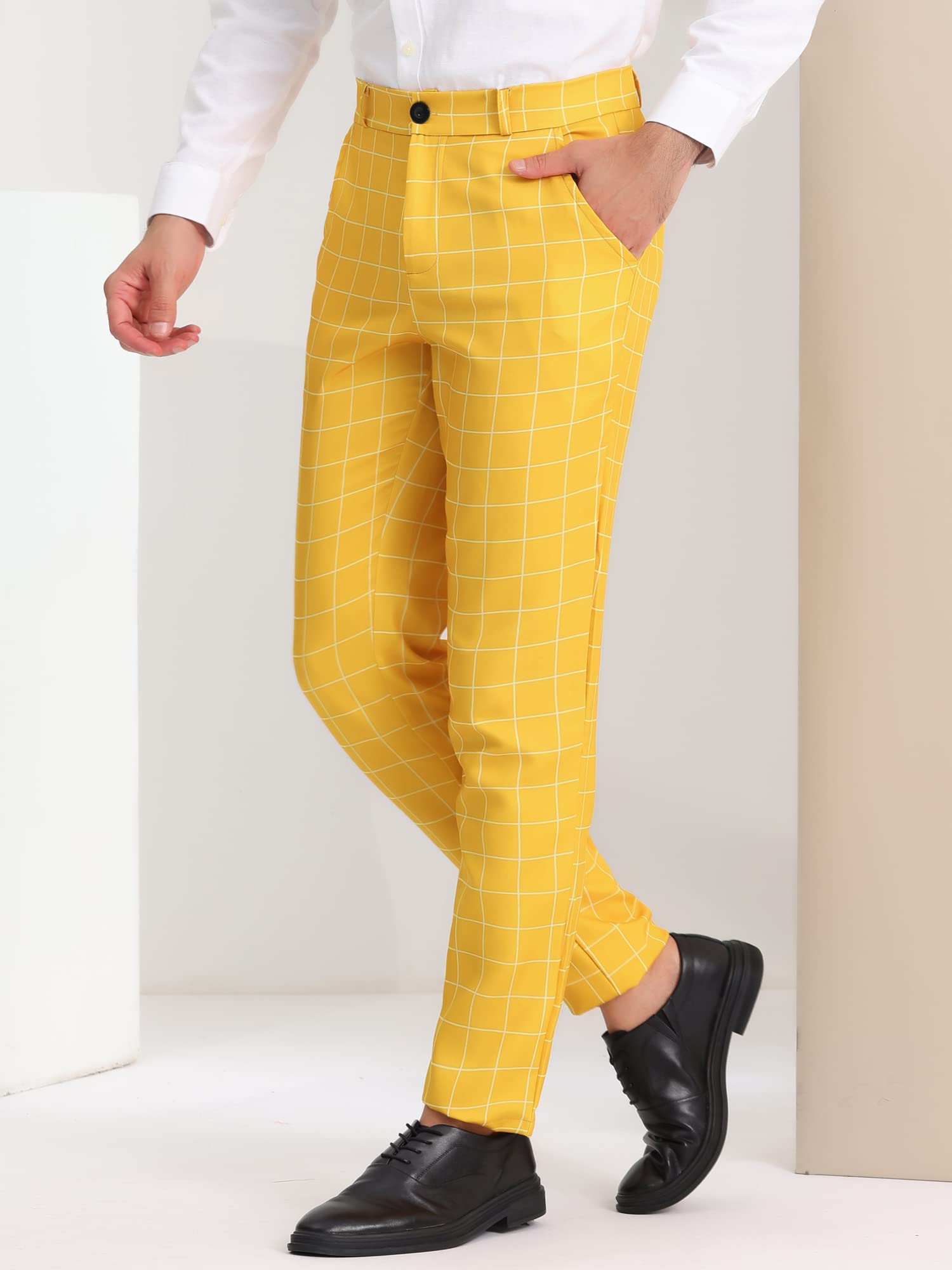 Lars Amadeus Men's Yellow Dress Plaid Pants Flat Front Printed Business Check Trousers 28 Yellow