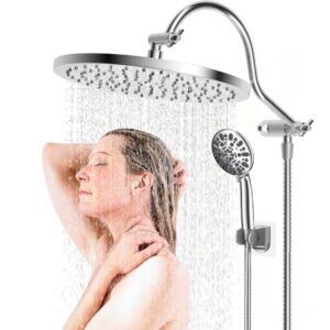 hibbent 12 inch thickness metal rainfall shower head/handheld showerhead combo with 12 inch adjustable curved shower extension arm, 7-spray, 71 inch hose, adhesive showerhead holder, chrome