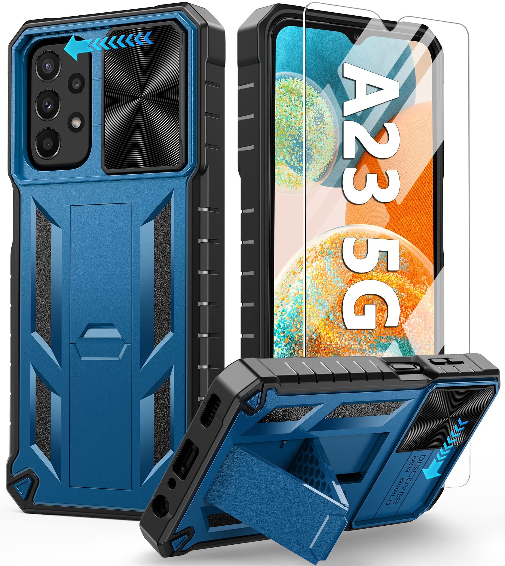 FNTCASE for Samsung Galaxy A23 Protective Case: Military Drop Protection Rugged Sturdy Cellphone Cover with Kickstand & Slide | Shockproof Heavy-Duty Tough Bumper for Samsung A23 5G/4G Phone - Blue