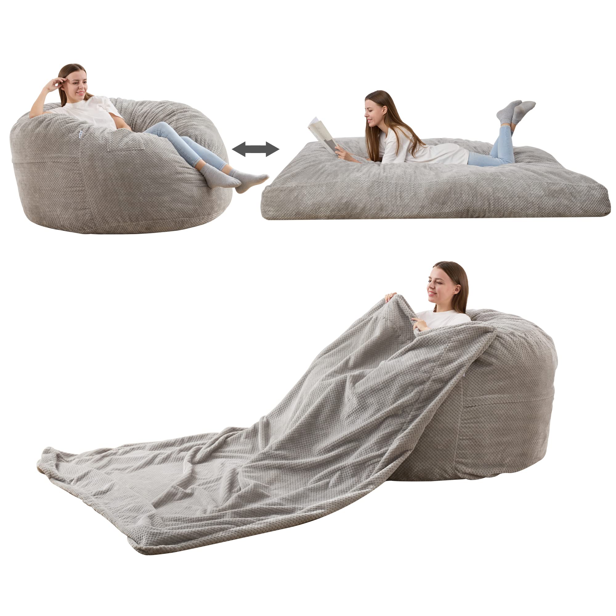 Homguava Chenille Bean Bag Chair, Variable Shape from Bean Bag to Matress, Convertible Beanbag Chair for Home, Living Room(Full, Grey)