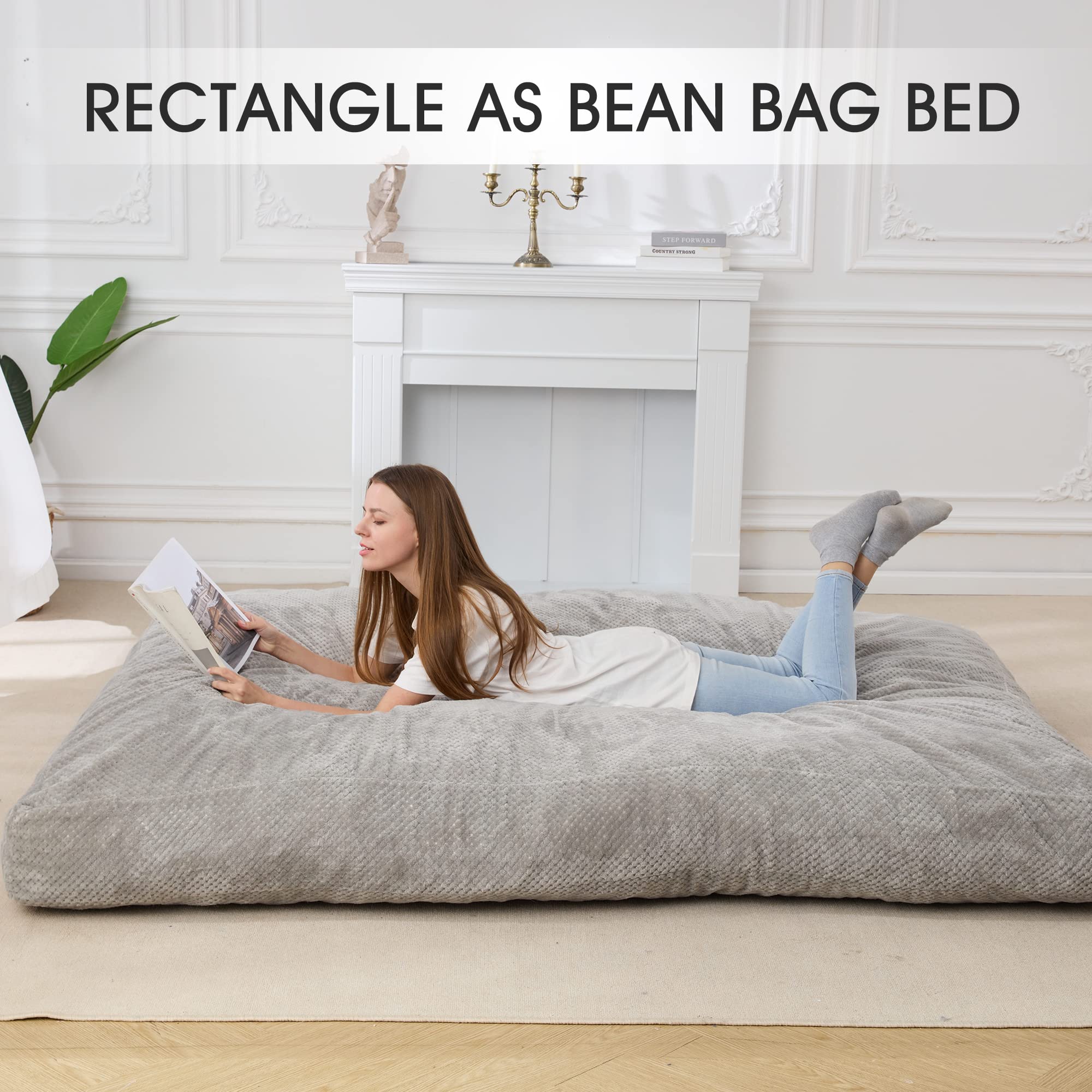 Homguava Chenille Bean Bag Chair, Variable Shape from Bean Bag to Matress, Convertible Beanbag Chair for Home, Living Room(Full, Grey)