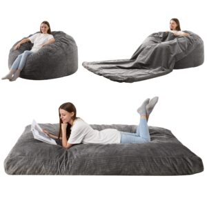 habutway bean bag chair, giant bean bag chair with washable corduroy cover ultra soft, convertible bean bag from chair to mattress, huge cordoroys bean bags for adult, couples, family- grey full