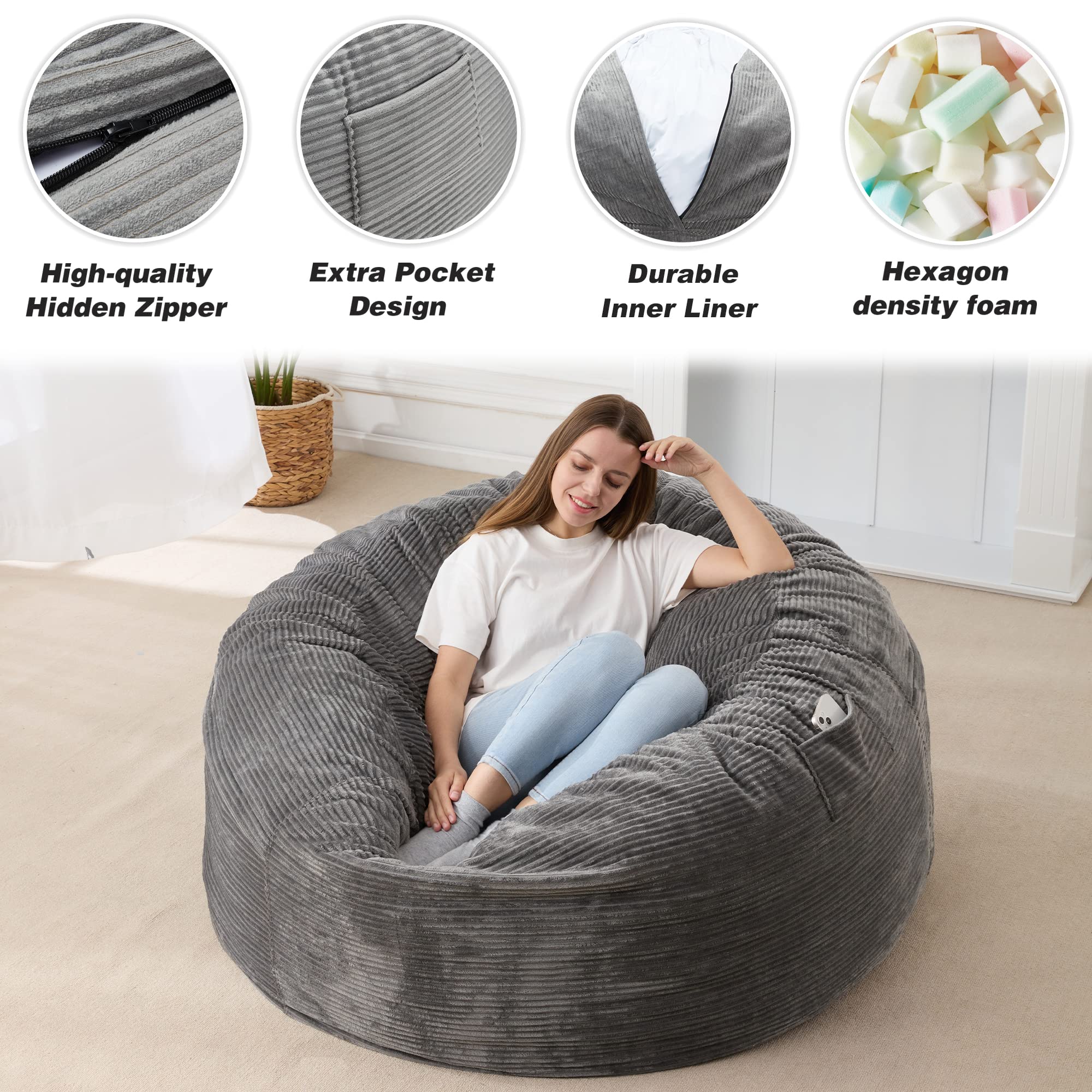 HABUTWAY Bean Bag Chair, Giant Bean Bag Chair with Washable Corduroy Cover Ultra Soft, Convertible Bean Bag from Chair to Mattress, Huge Cordoroys Bean Bags for Adult, Couples, Family- Grey Full