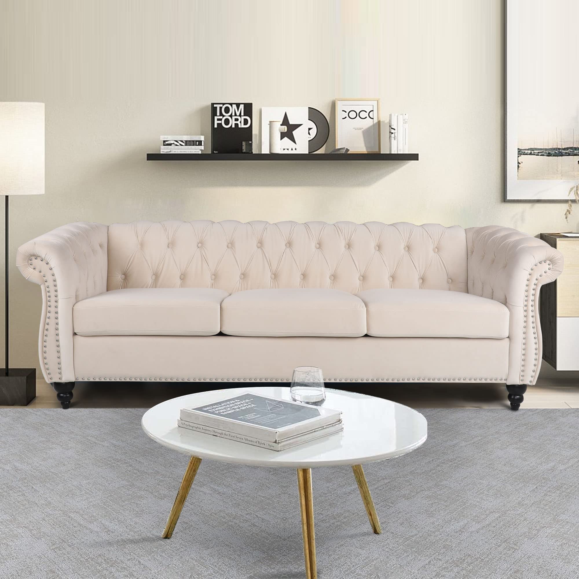 PHOYAL Large Sofa, Velvet Sofa Three-seat Sofa Classic Tufted Chesterfield Settee Sofa Modern 3 Seater Couch Furniture Tufted Back for Living Room (Beige)