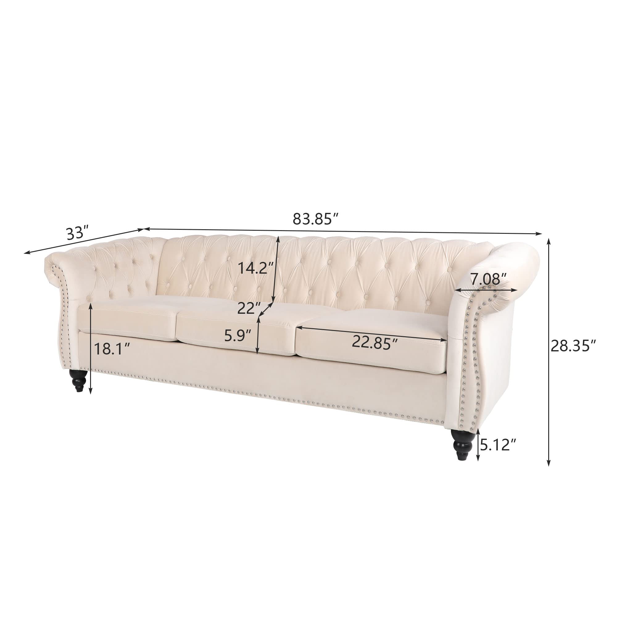 PHOYAL Large Sofa, Velvet Sofa Three-seat Sofa Classic Tufted Chesterfield Settee Sofa Modern 3 Seater Couch Furniture Tufted Back for Living Room (Beige)