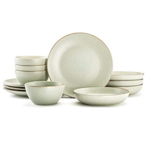 riverside 12-piece dinnerware set for 4 - hand crafted plates and bowls dish set, ceramic stoneware dinner set, microwave & dishwasher safe dishware - sage green