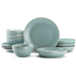 riverside 12-piece dinnerware set for 4 - hand crafted plates and bowls dish set, ceramic stoneware dinner set, microwave & dishwasher safe dishware - california teal