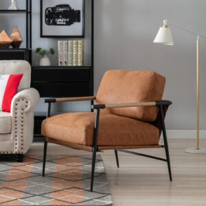 LukeAlon Mid Century PU Leather Accent Chair, Ultra Soft Living Room Chair with Metal Legs Modern Armchair Upholstered Comfy Seating for Bedroom Reception Area Reading Room, Browm